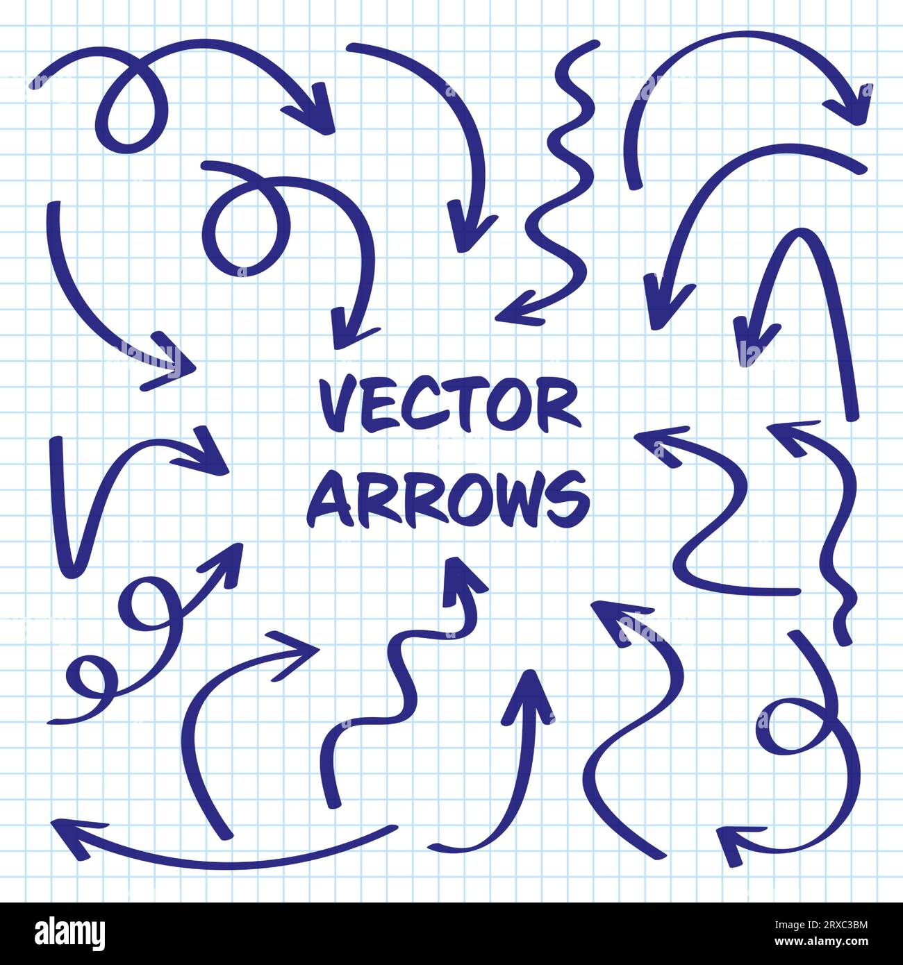 Hand drawn arrows on checkered paper sheet. School notebook for drawing ...