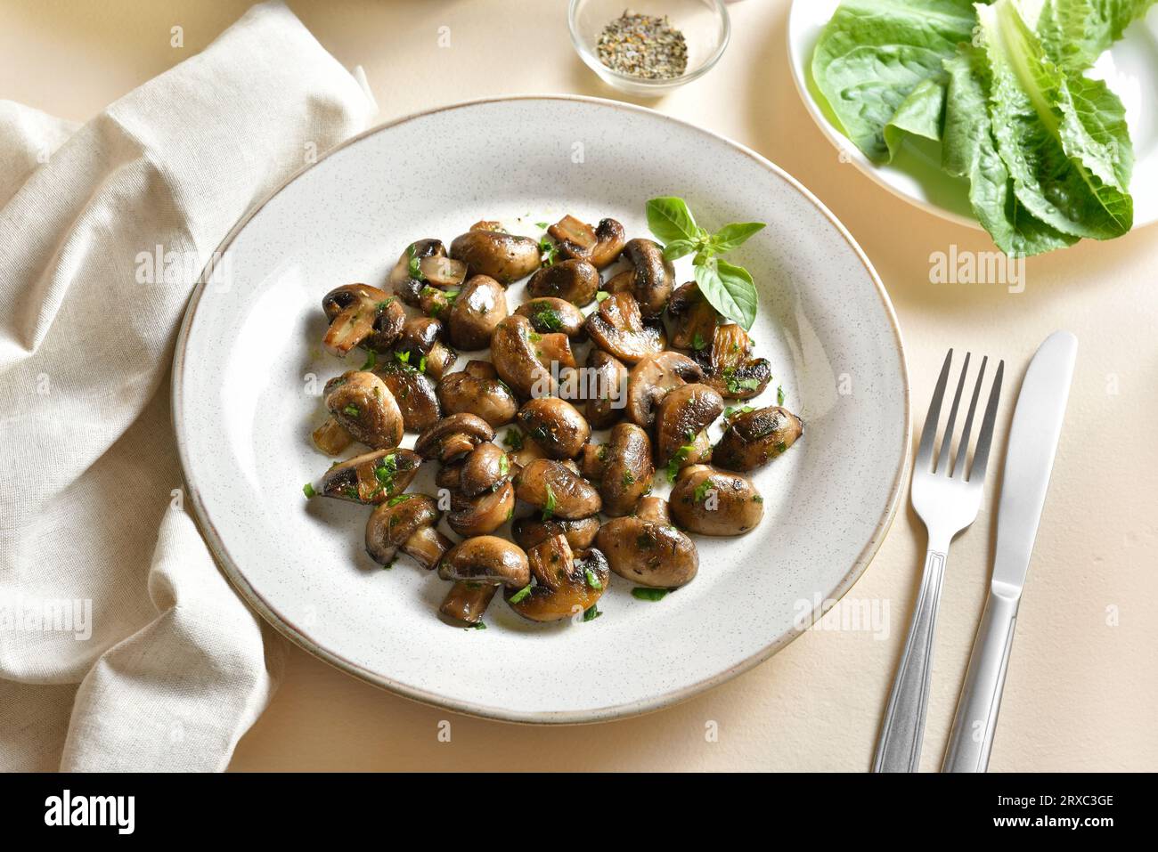 Cooked mushroom with greens on plate over light stone background ...