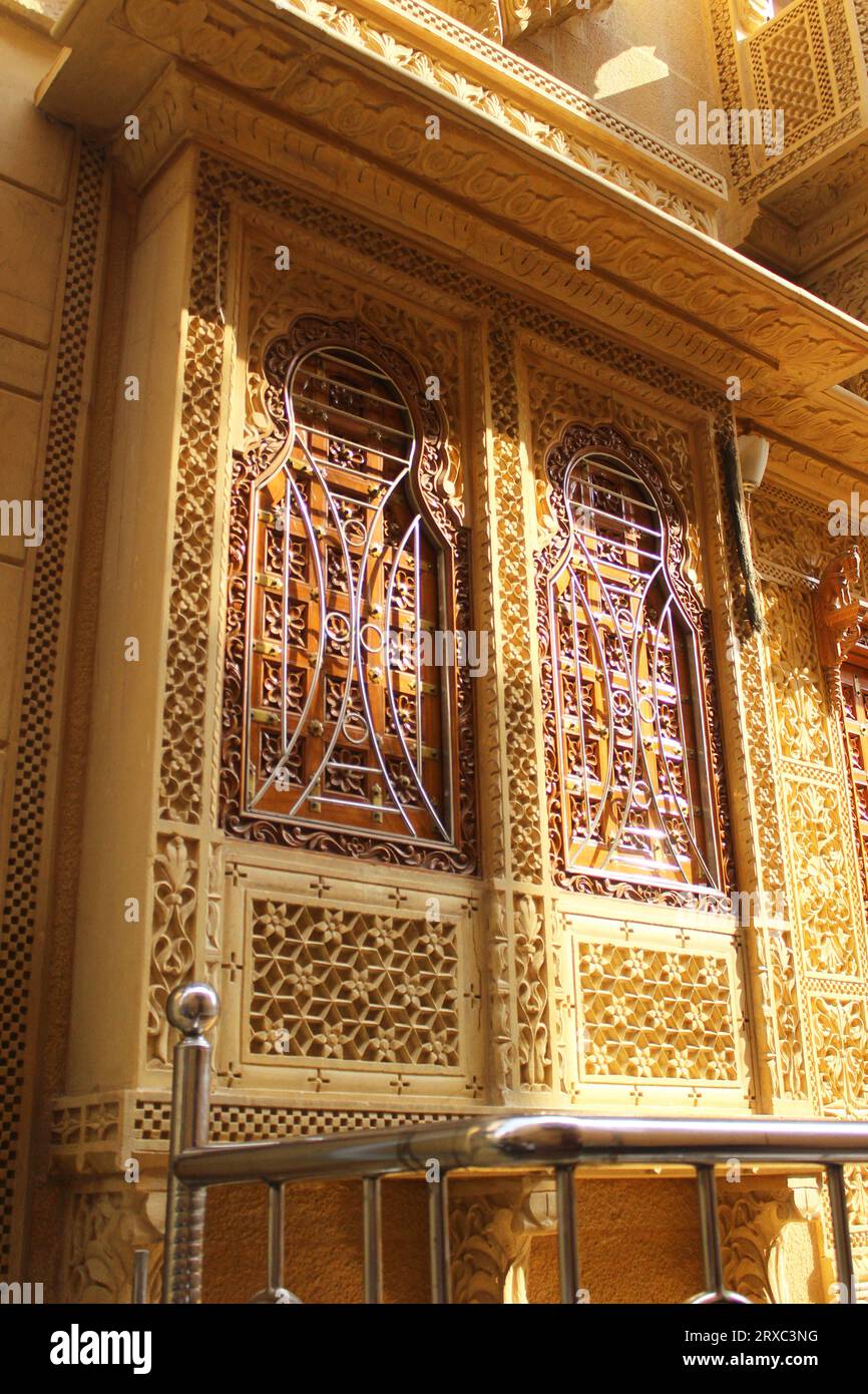 Exterior of a window in Patwon Ki Haveli in Jaisalmer, Rajasthan state ...