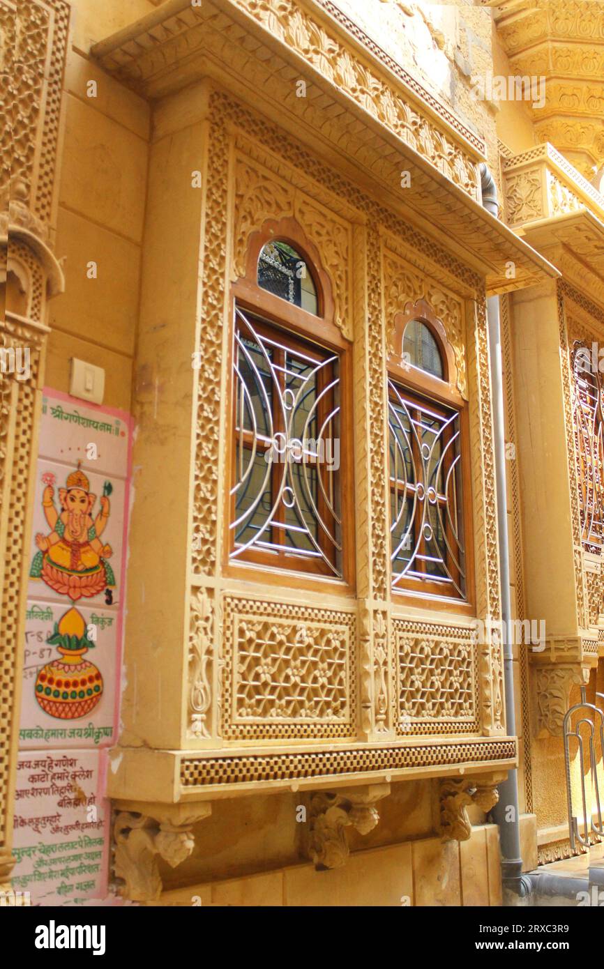 Exterior of a window in Patwon Ki Haveli in Jaisalmer, Rajasthan state ...