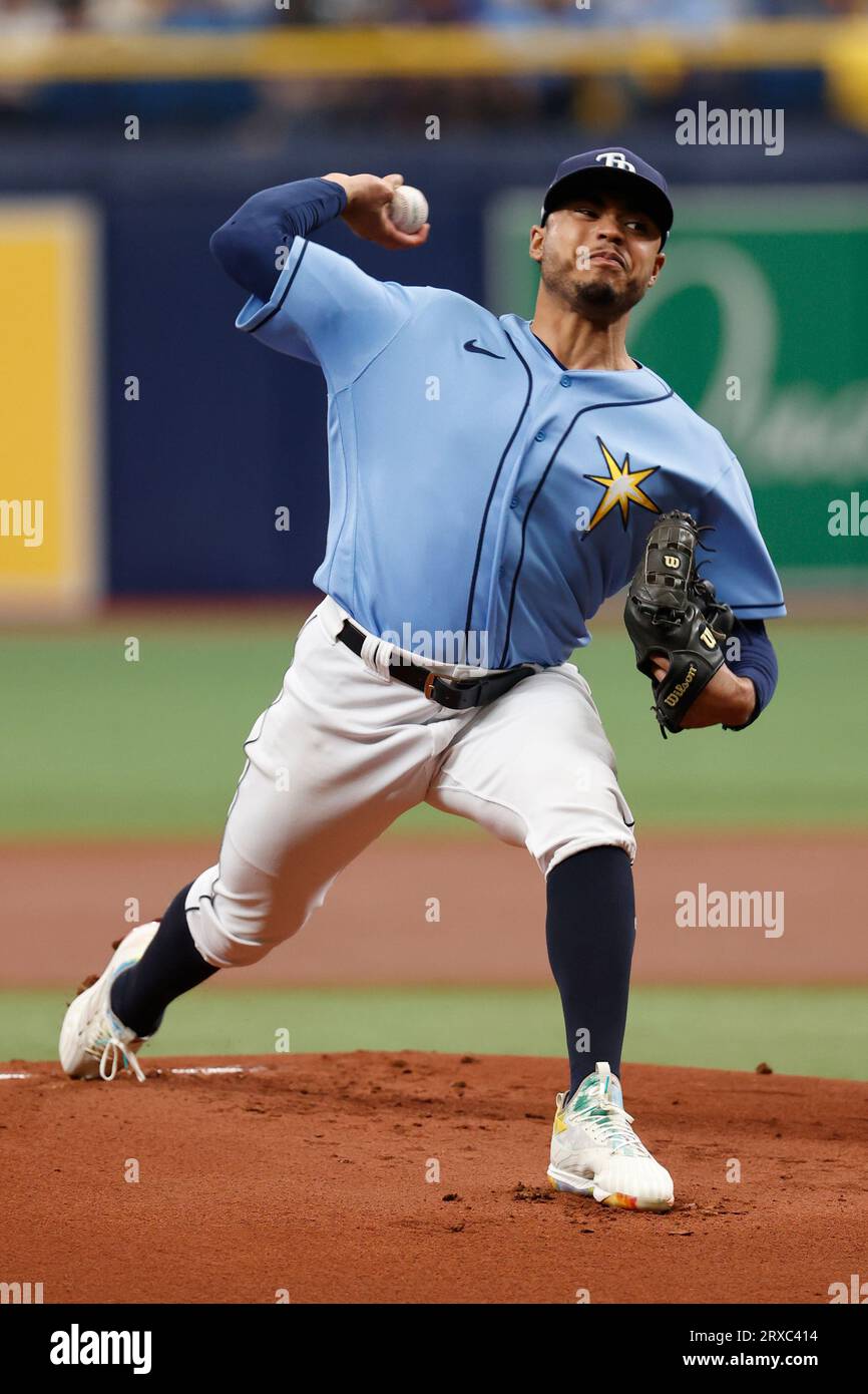 Tampa Bay Rays starting pitcher Taj Bradley throws to a Toronto Blue ...