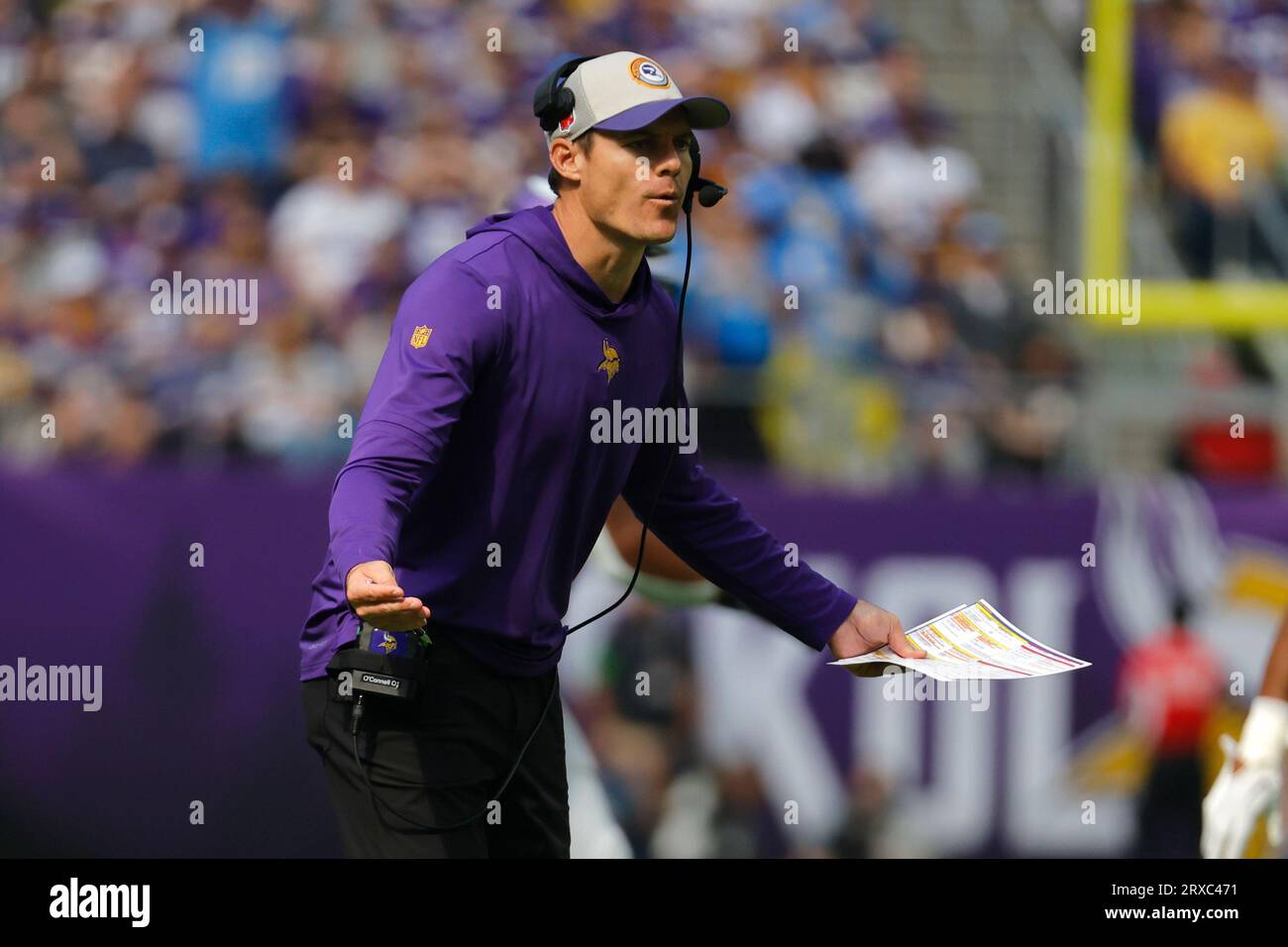 Minnesota Vikings head coach Kevin O'Connell reacts to a call during ...
