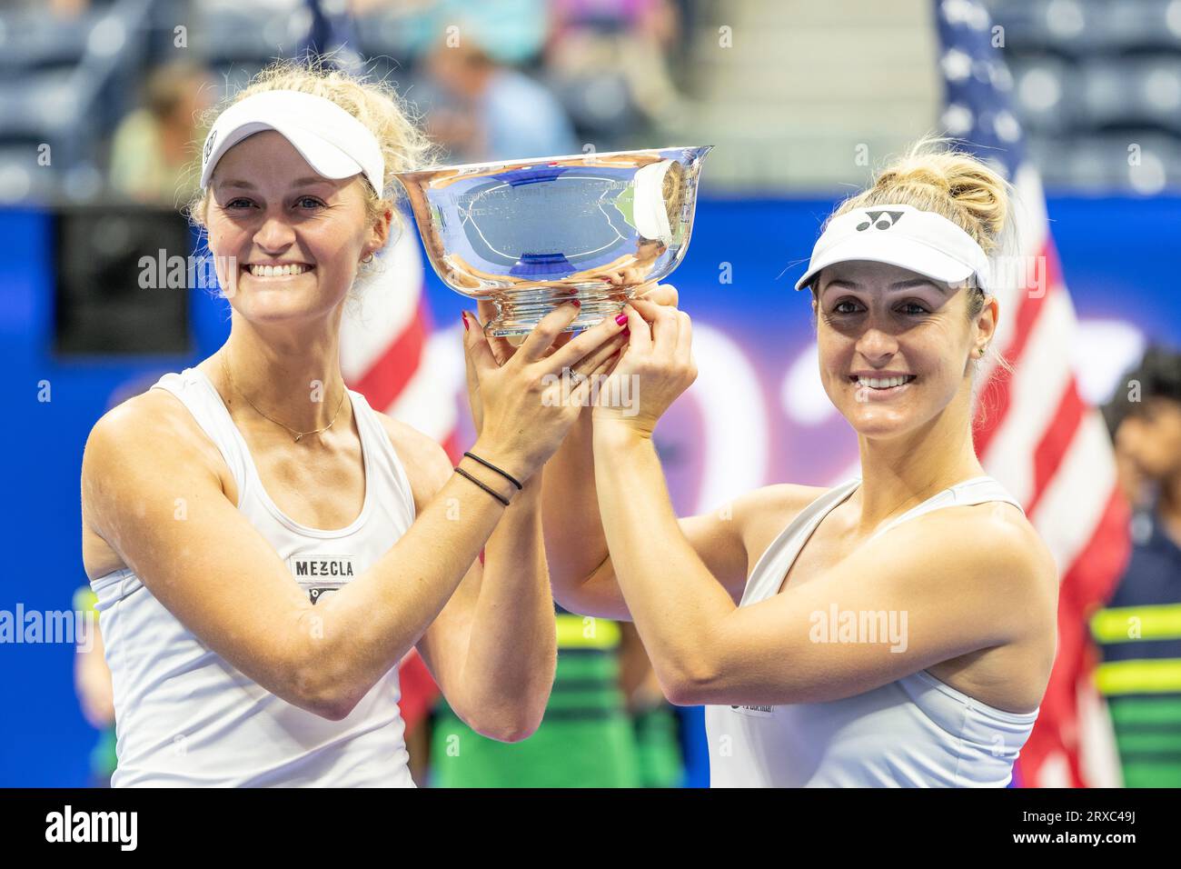 Erin Routliffe of New Zealand and Gabriela Dabrowski of Canada pose with the women's doubles ...