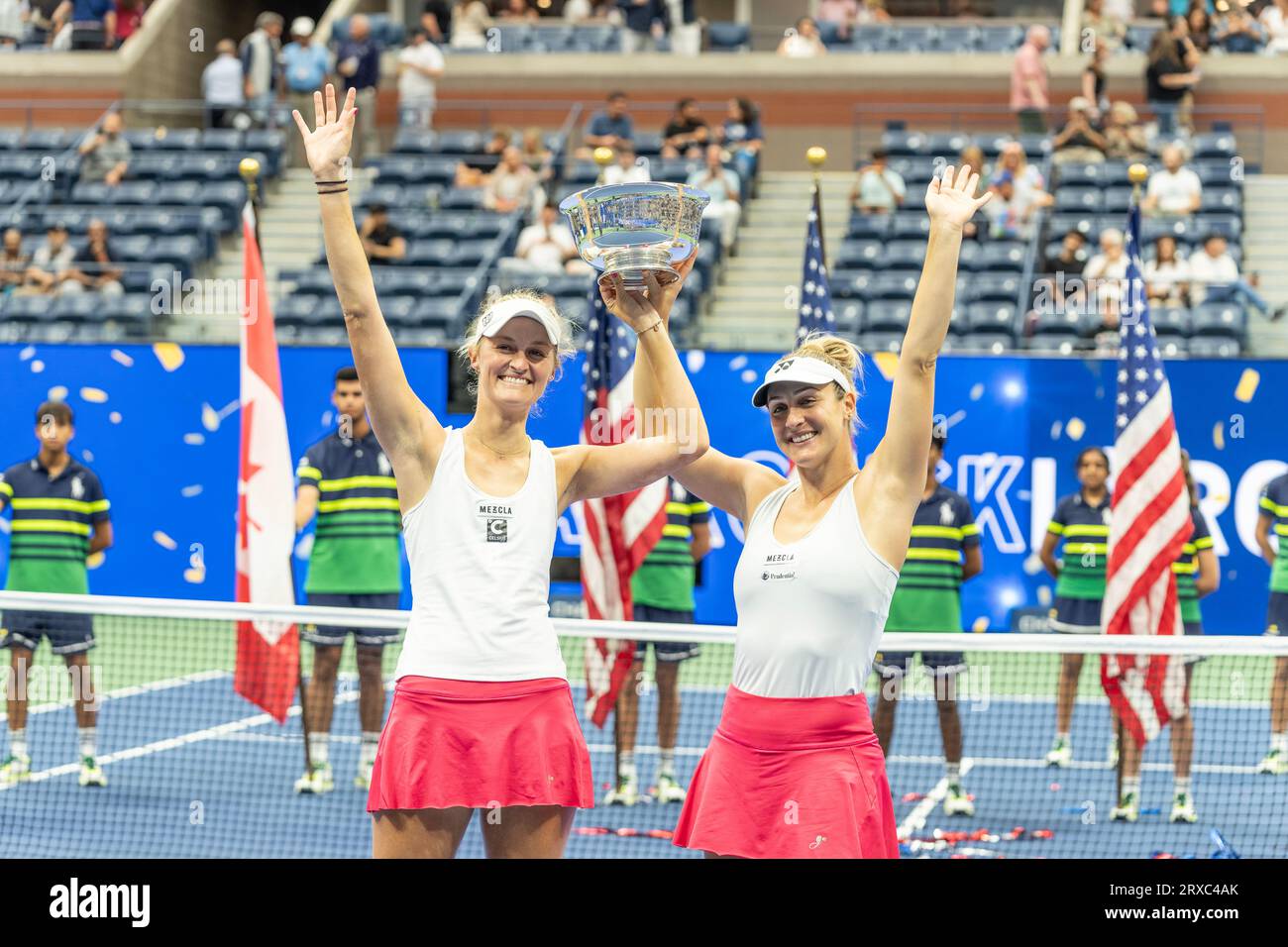Erin Routliffe of New Zealand and Gabriela Dabrowski of Canada pose with the women's doubles ...