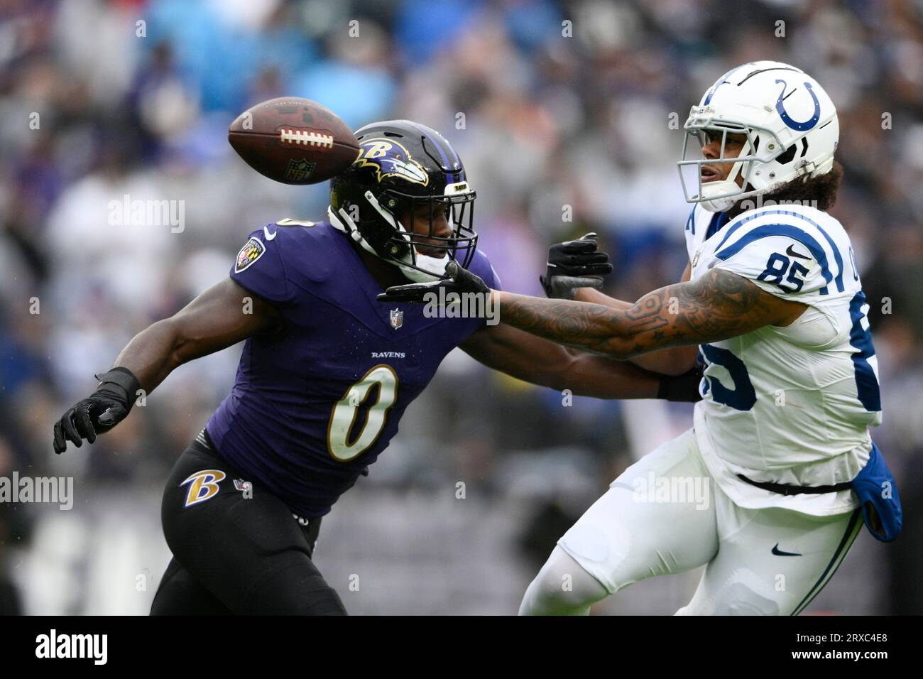 Baltimore Ravens linebacker Roquan Smith breaks up a pass intended by Indianapolis Colts' Drew ...