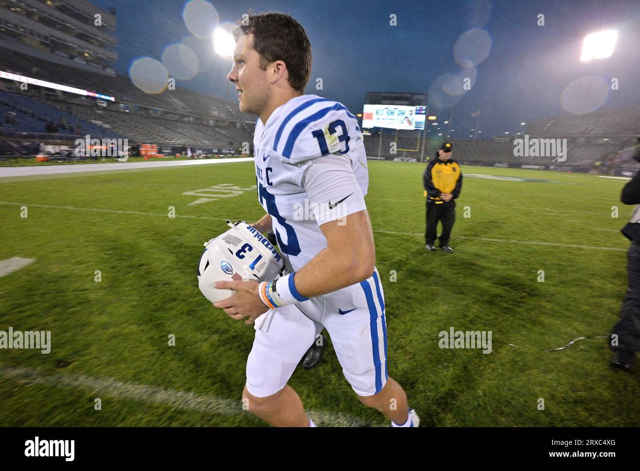 Duke quarterback Riley Leonard (13) leaves the field after their win ...