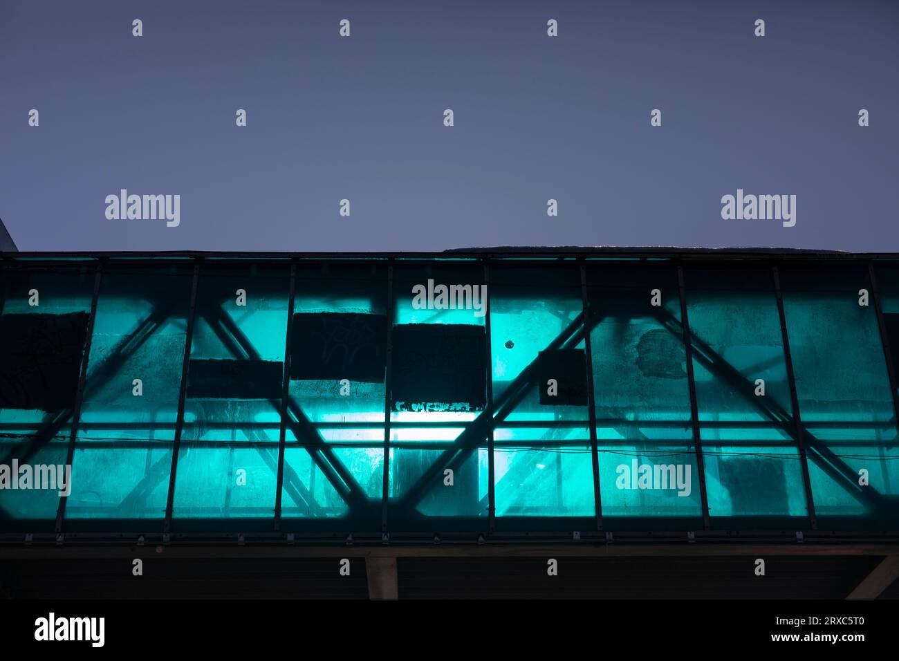Tunnel is blue. Details of city's architecture. Pedestrian crossing ...