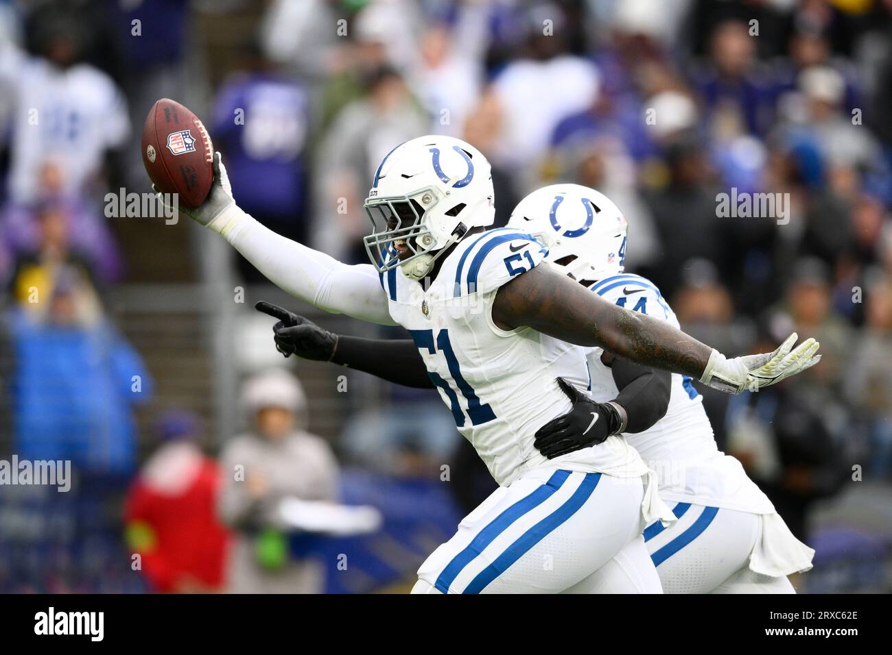 Indianapolis Colts' Kwity Paye (51) celebrates a fumble recovery during ...
