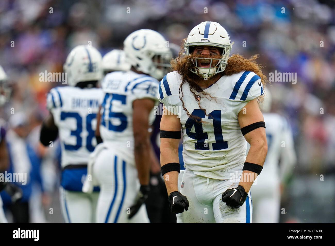 Indianapolis Colts' Grant Stuard (41) celebrates a tackle during the ...