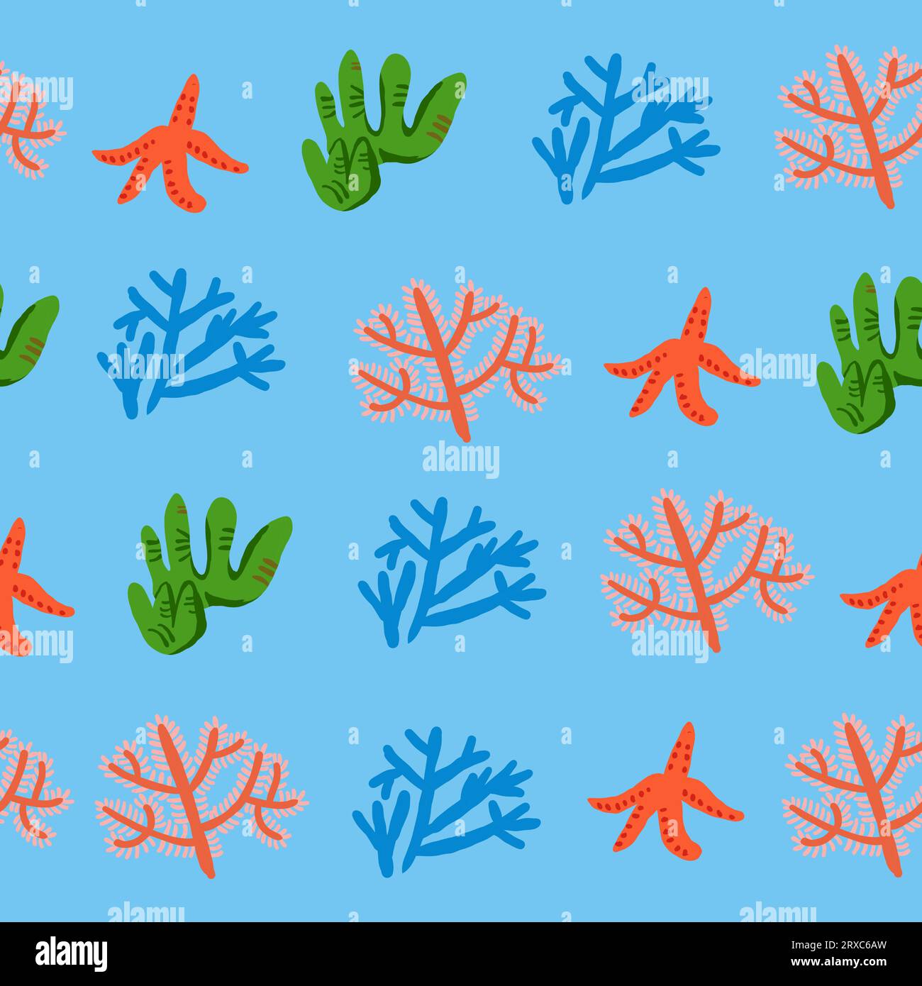 Cute vector colorful seamless pattern with red corals on blue background. Coral reef, shells ...