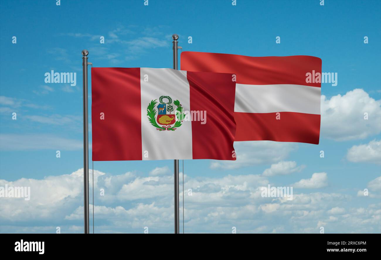 Austria flag and Peru flag waving together on blue sky, two country ...