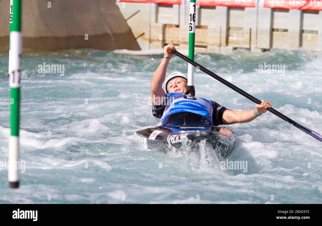 Marjorie Delassus competes in the women's C1 at the ICF Canoe Slalom ...