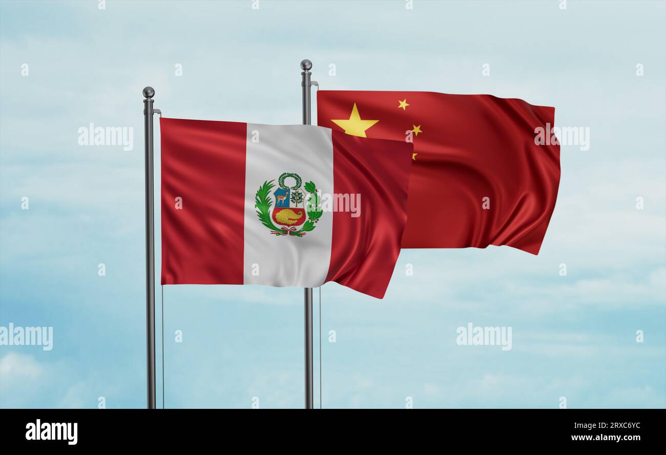 China flag and Peru flag waving together on blue sky, two country ...