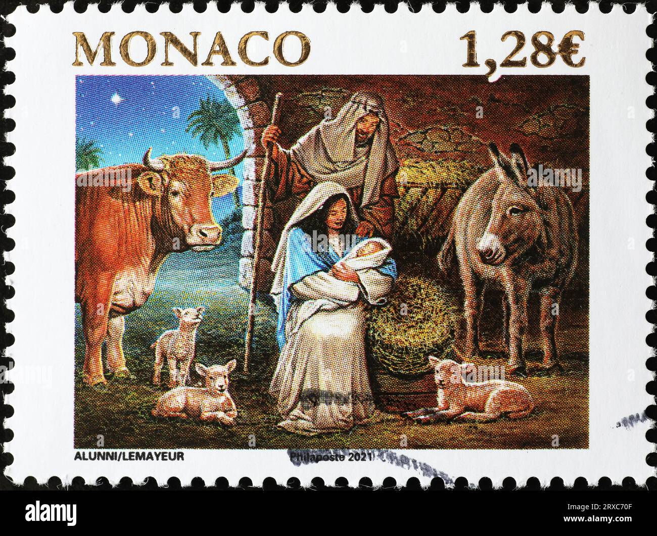 Nativity on postage stamp from Monaco Stock Photo - Alamy