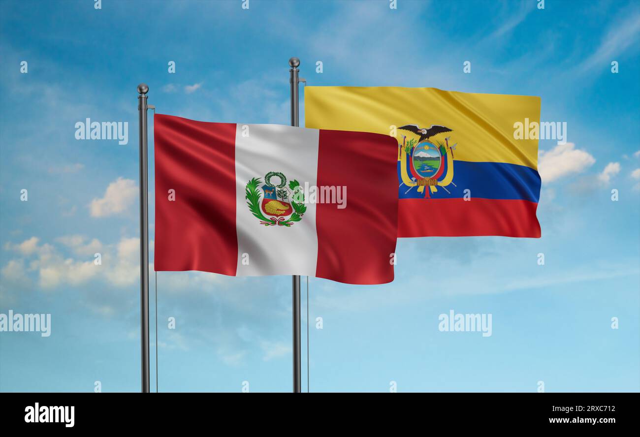 Ecuador flag and Peru flag waving together on blue sky, two country ...