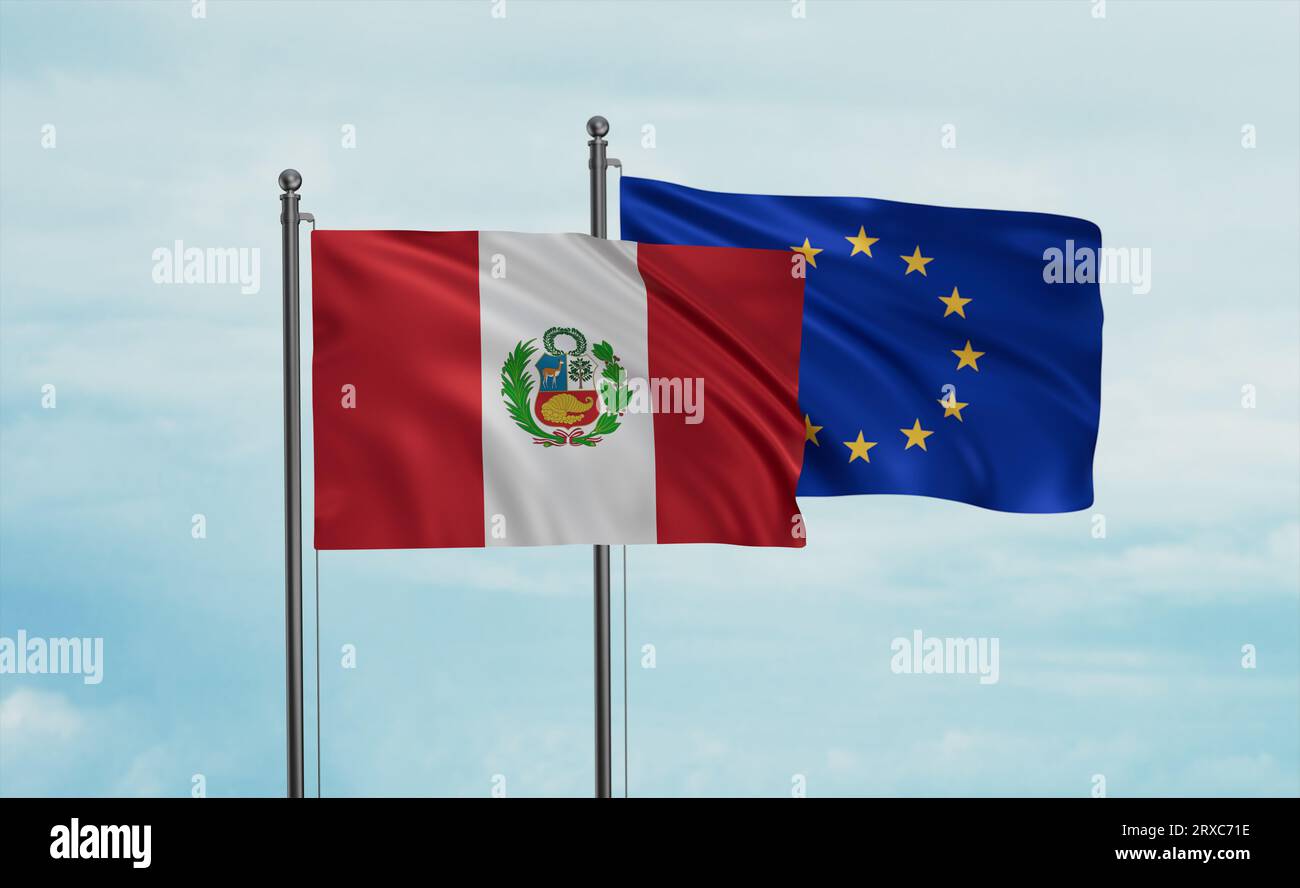 European Union and Peru flag waving together in the wind on blue sky ...