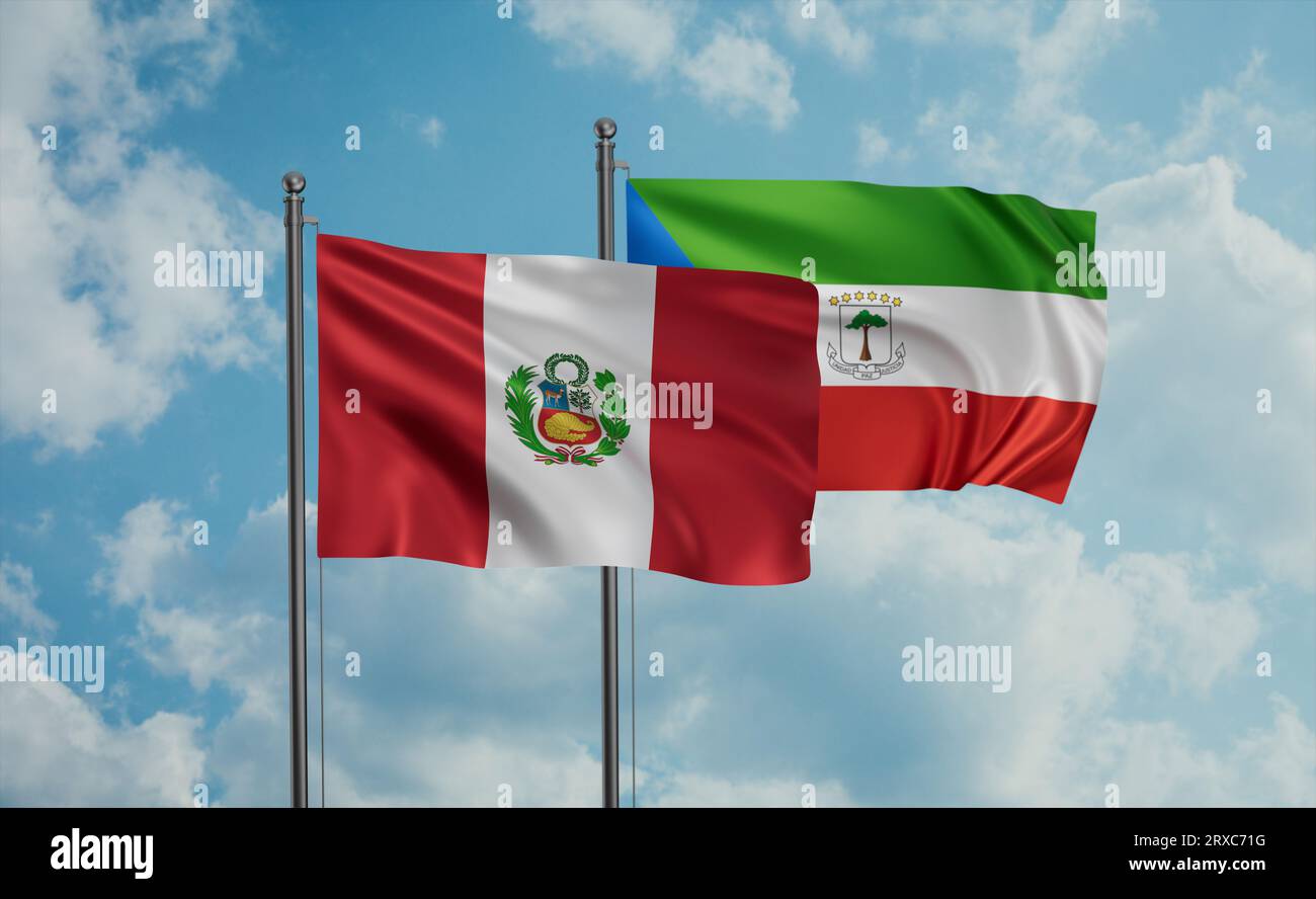 Equatorial Guinea flag and Peru flag waving together on blue sky, two ...