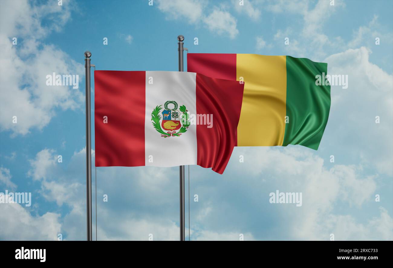 Republic of Guinea flag and Peru flag waving together on blue sky, two ...