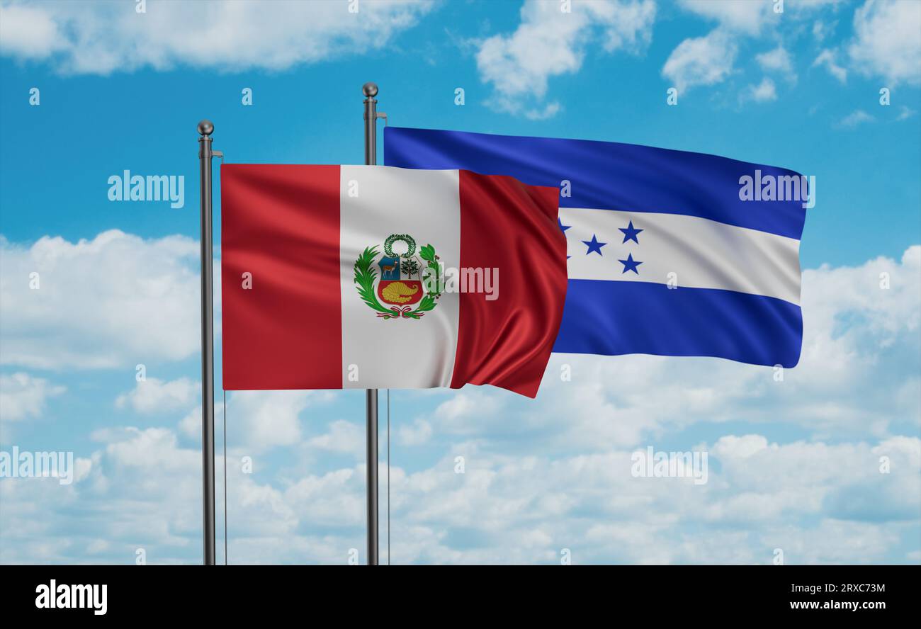 Honduras and Peru flag waving together in the wind on blue sky, two ...