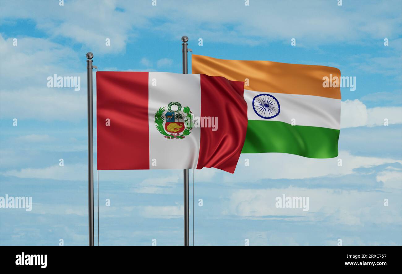India flag and Peru flag waving together on blue sky, two country ...