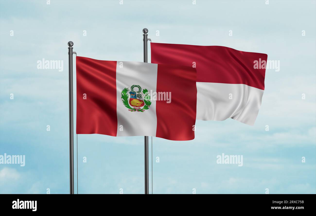 Indonesia flag and Peru flag waving together on blue sky, two country ...