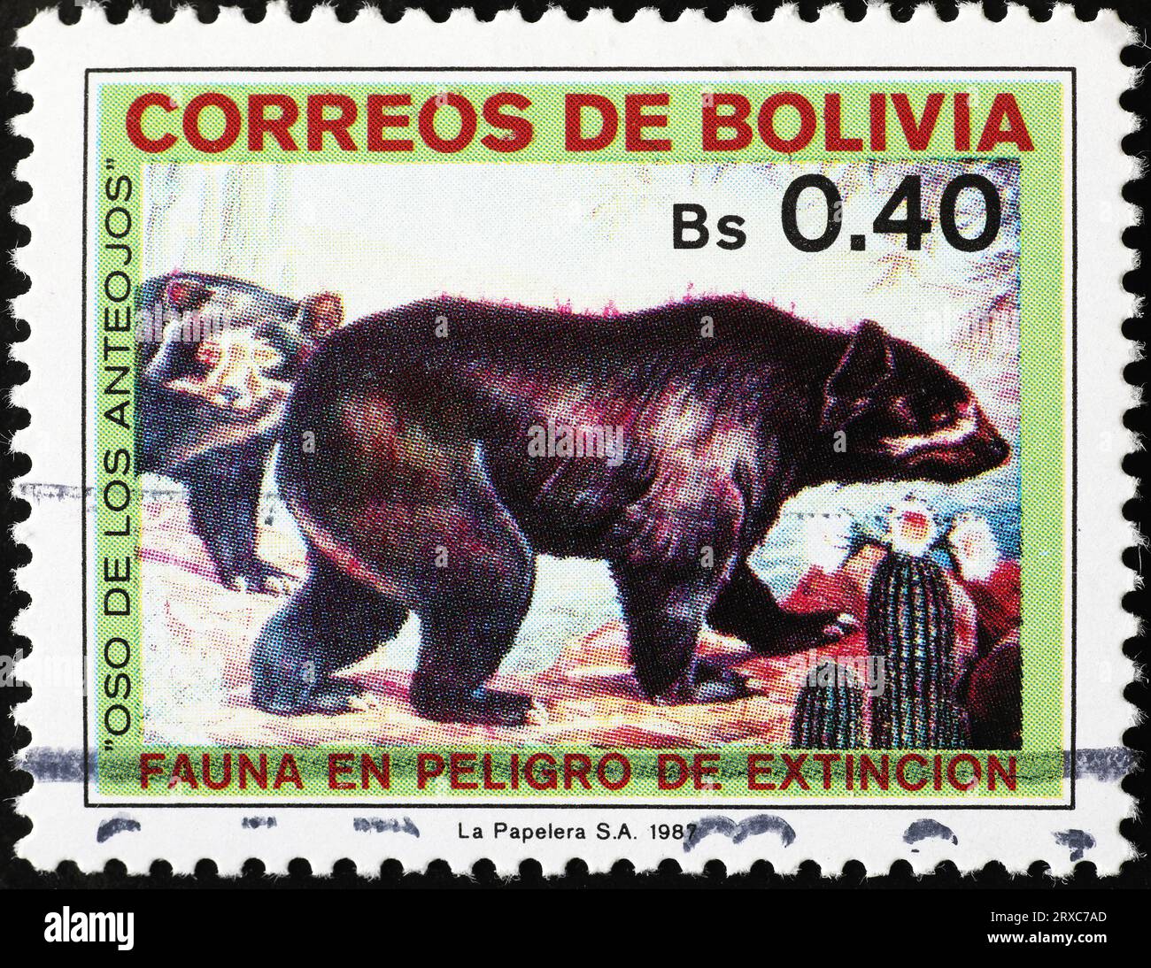 Spectacled bear on vintage bolivian stamp Stock Photo - Alamy