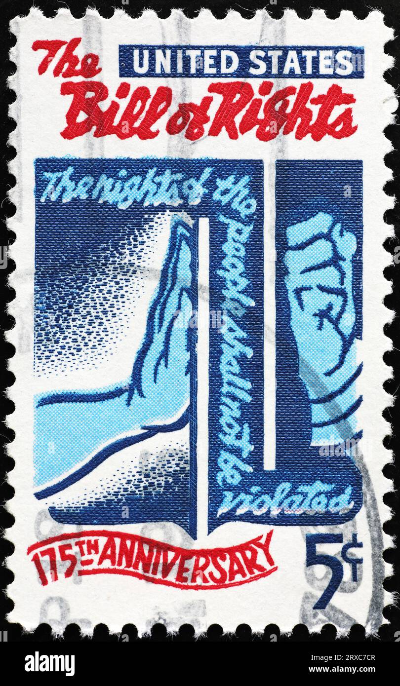 The bill of rights celebrated on old american postage stamp Stock Photo ...