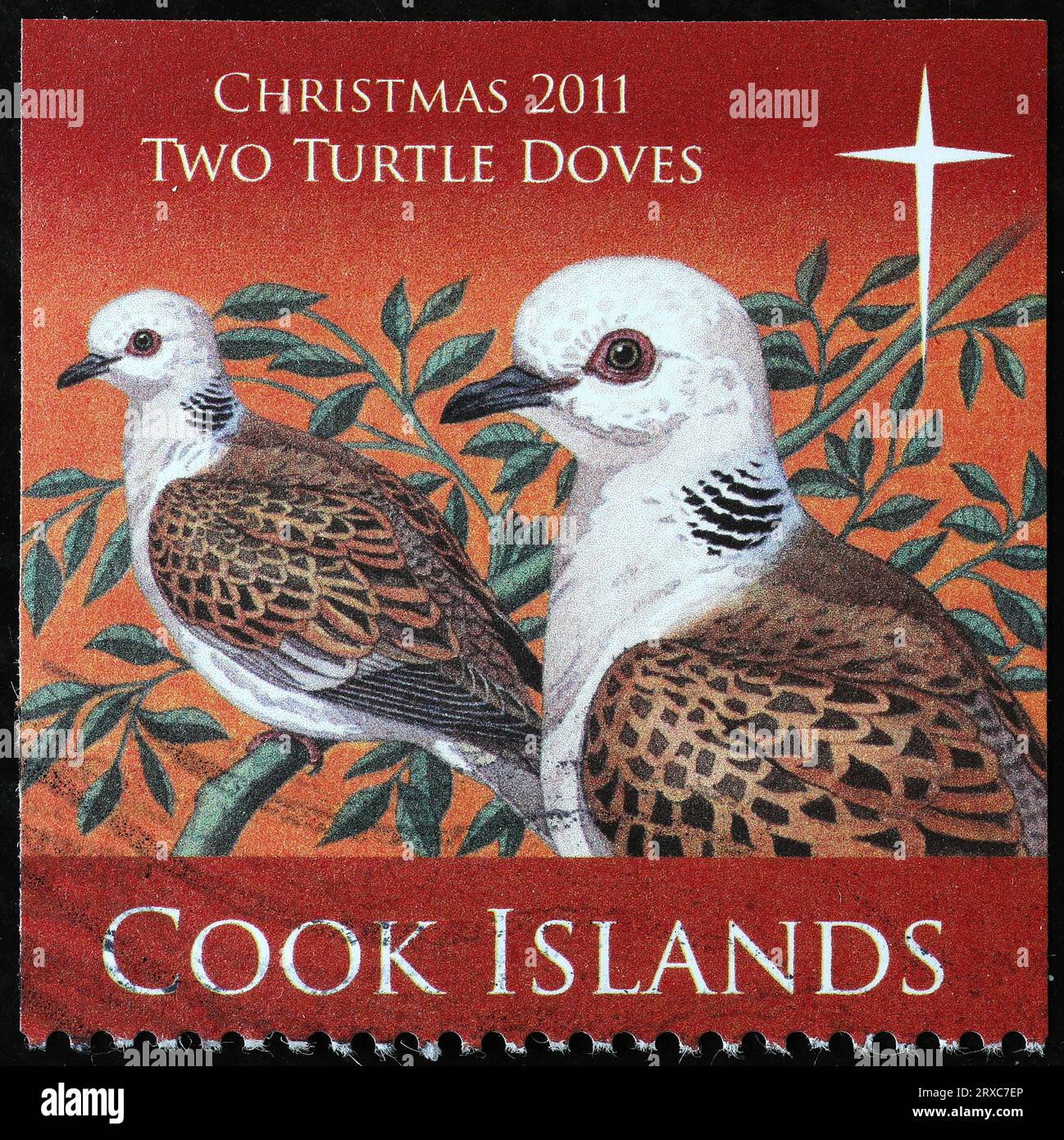 Twelve days of Christmas - 2 turtle doves on postage stamp of Cook ...