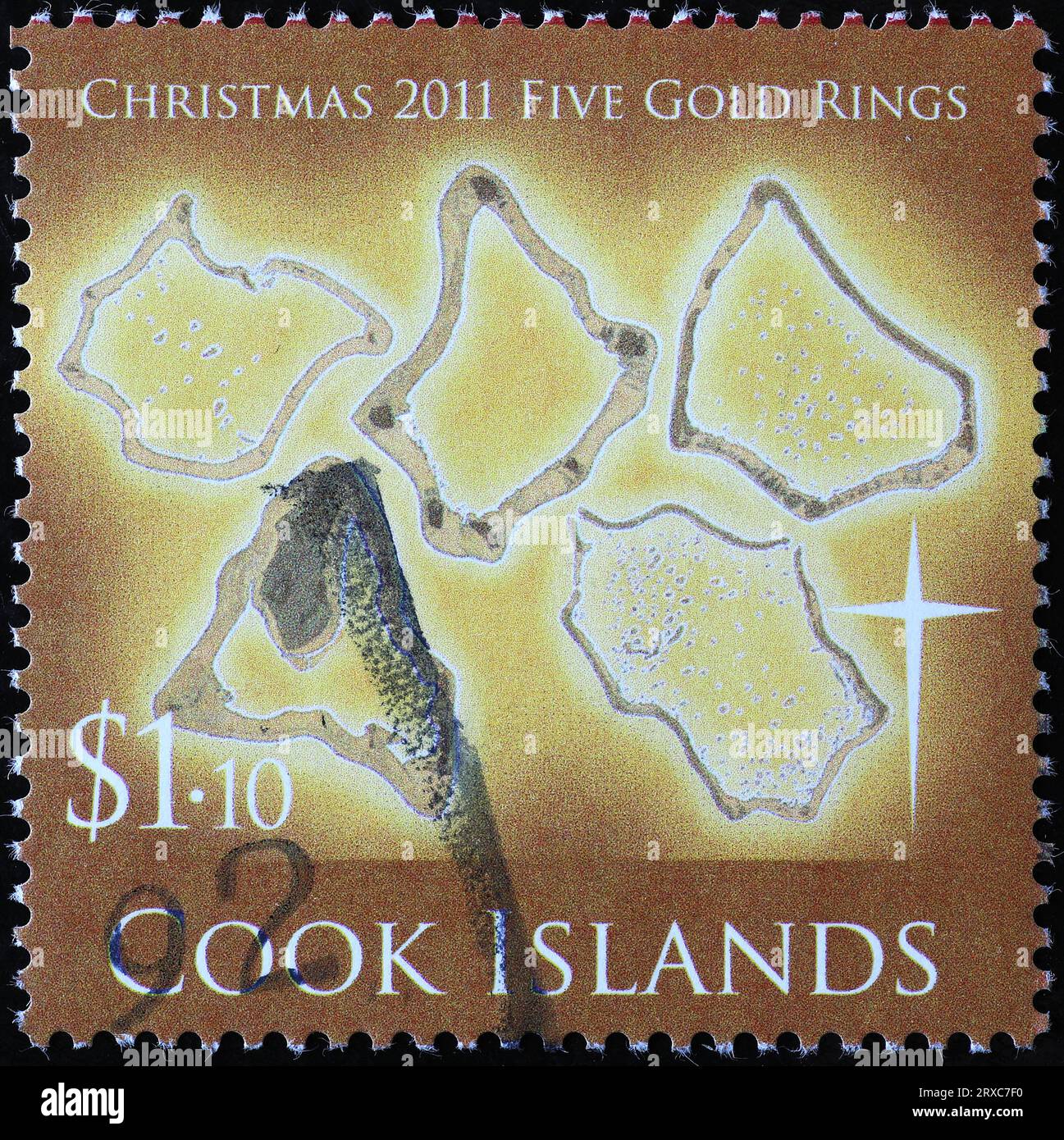 Twelve days of Christmas - 5 gold rings on postage stamp of Cook ...