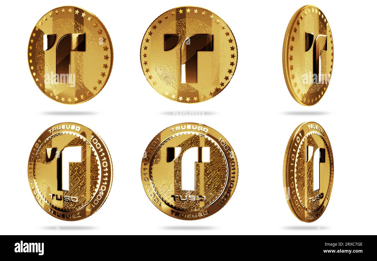 TrueUSD stablecoin TUSD cryptocurrency isolated gold coin on green ...
