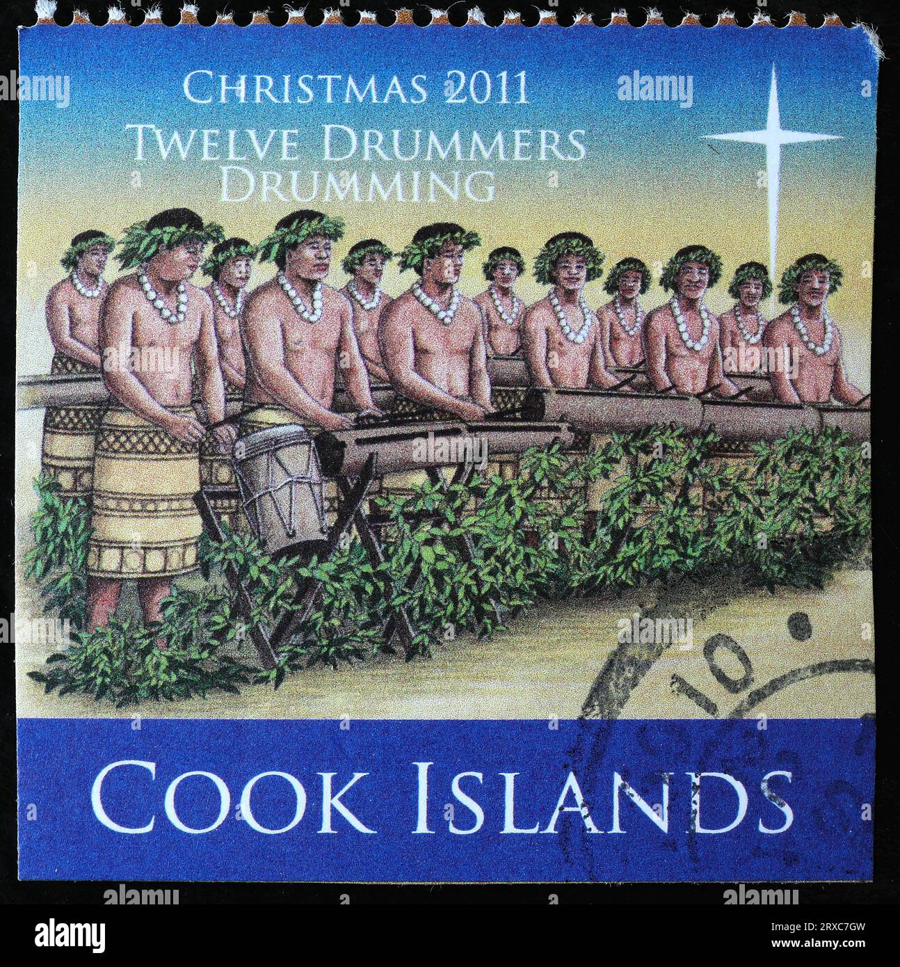 Twelve days of Christmas - 12 drummers drumming on postage stamp of Cook Islands Stock Photo - Alamy