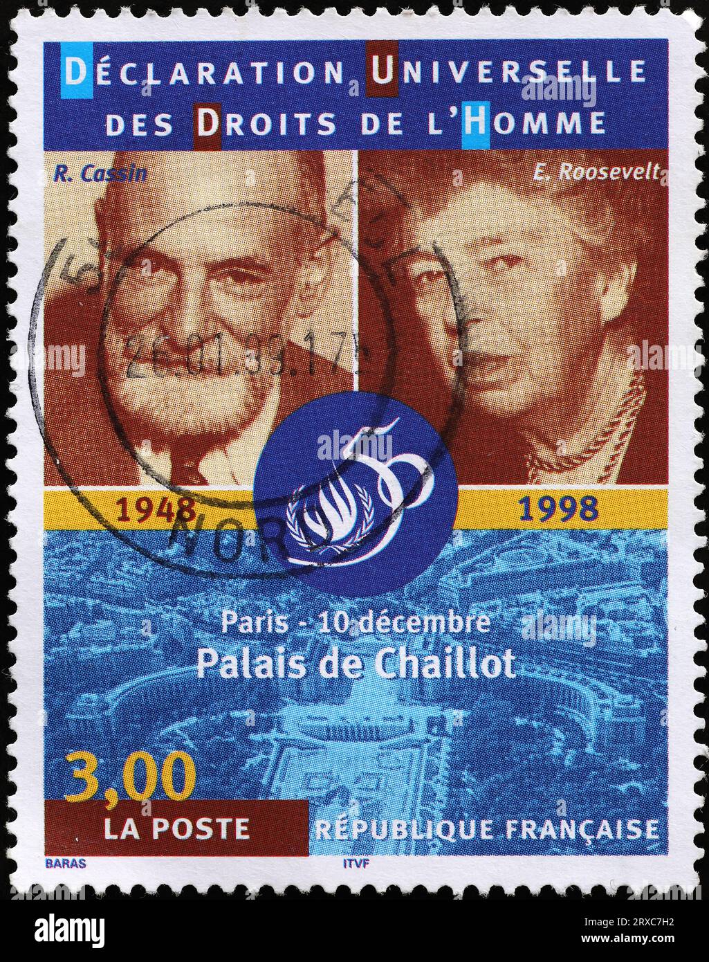 Universal declaration of human rights celebrated on french stamp Stock ...