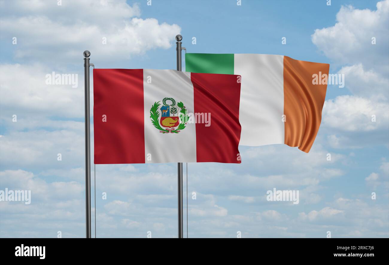 Ireland and Peru flag waving together in the wind on blue sky, two ...