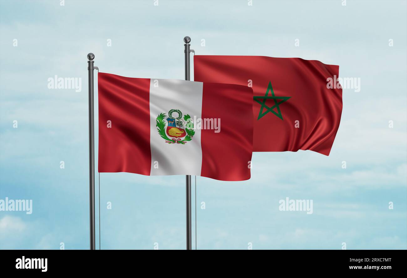 Morocco flag and Peru flag waving together on blue sky, two country ...