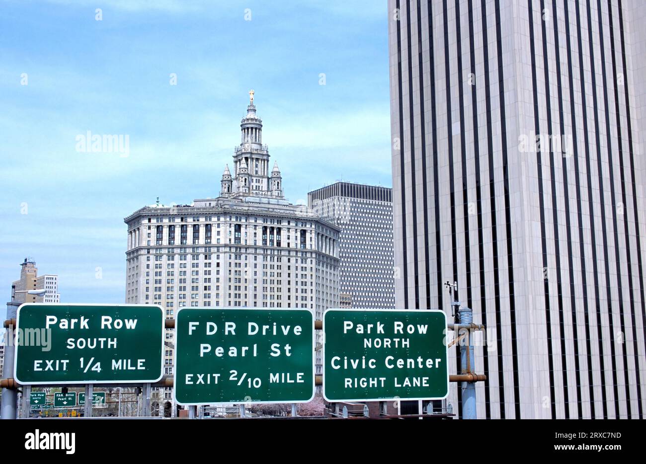 Street direction signs in New York leading to Park Row, Civic Center ...
