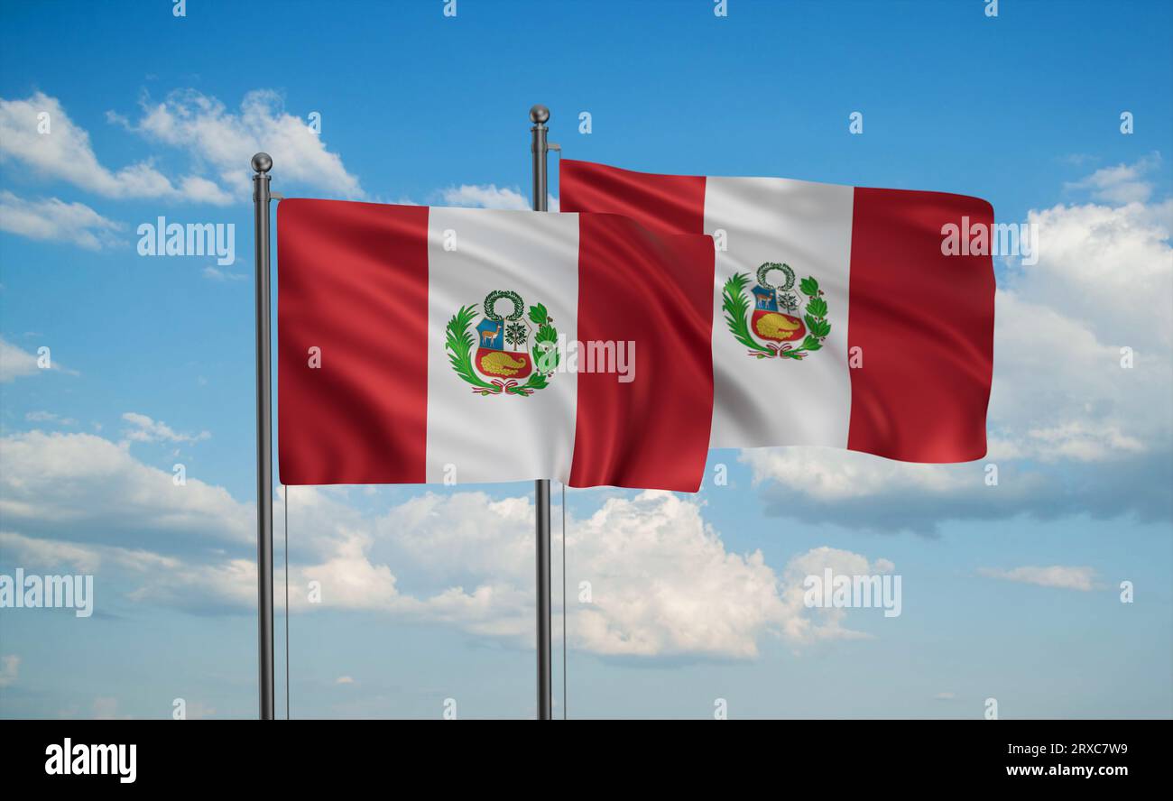 Two Peru flags waving together in the wind on blue sky, two country ...