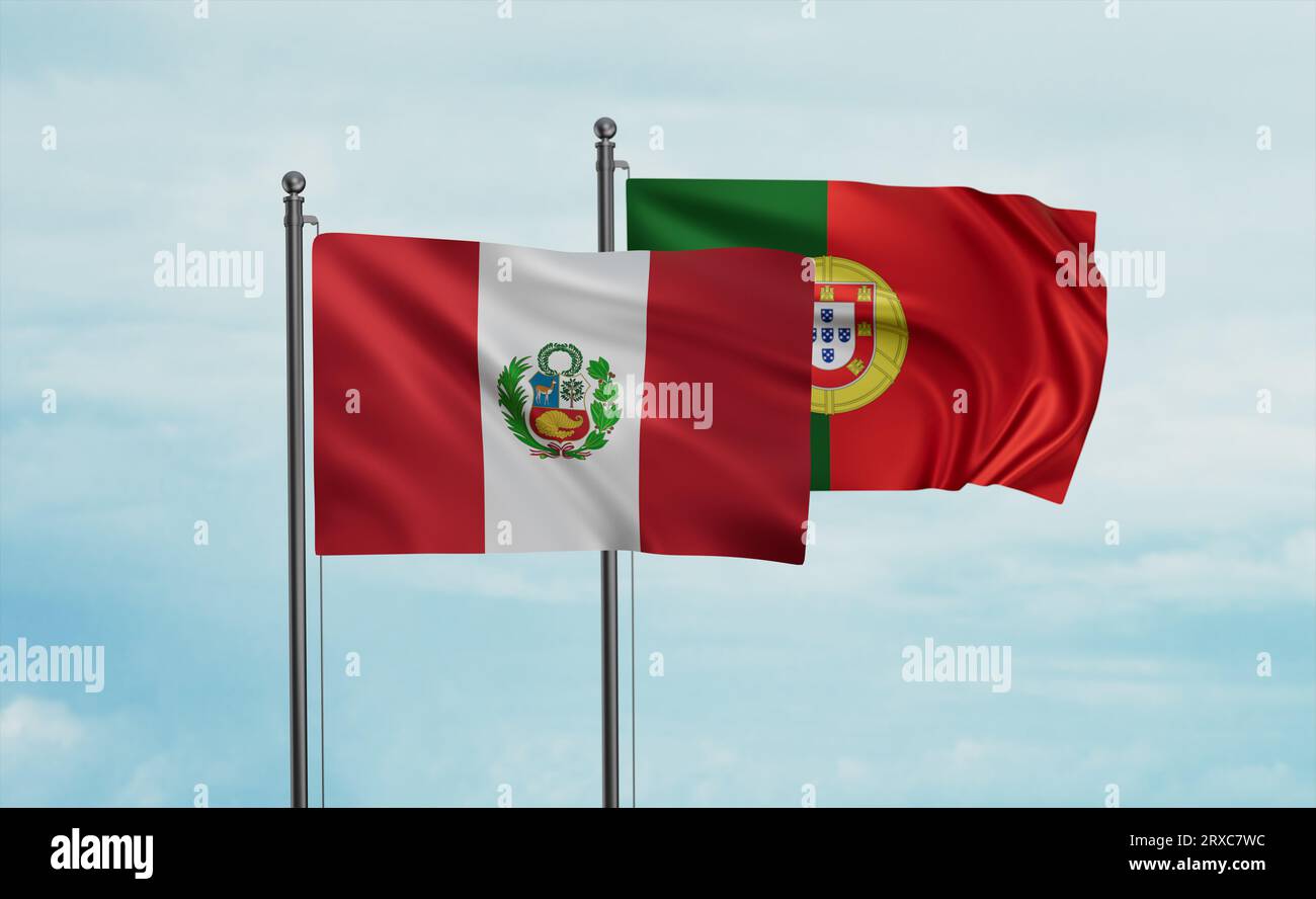 Portugal and Peru flag waving together in the wind on blue sky, two ...