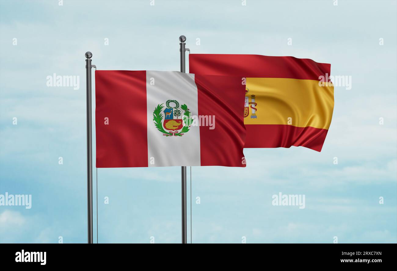 Spain and Peru flag waving together in the wind on blue sky, two ...