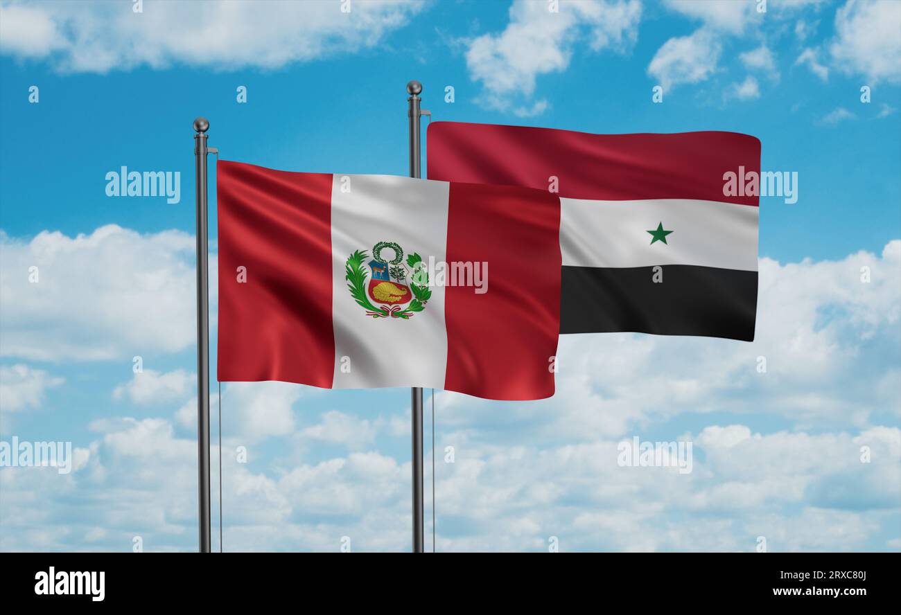 Syrian Arab Republic, Syria and Peru flag waving together in the wind ...
