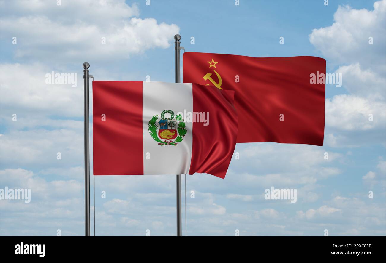 Soviet Union or USSR and Peru flag waving together in the wind on blue ...