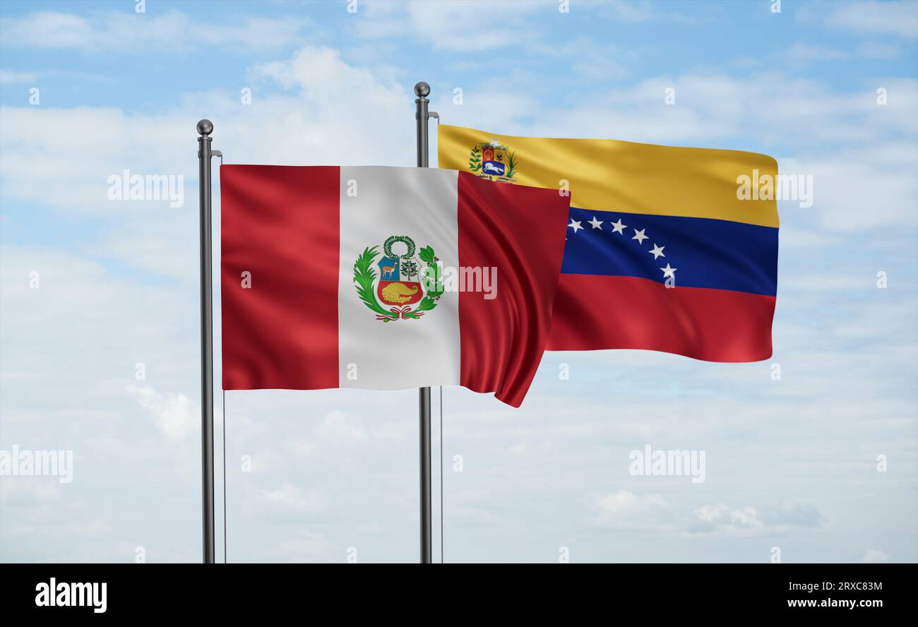 Venezuela and Peru flag waving together in the wind on blue sky Stock ...