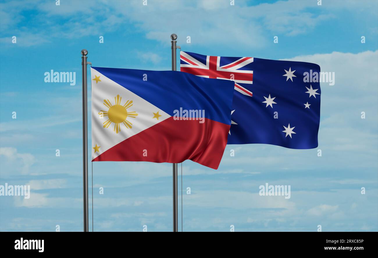 Australia flag and Philippines flag waving together on blue sky, two ...