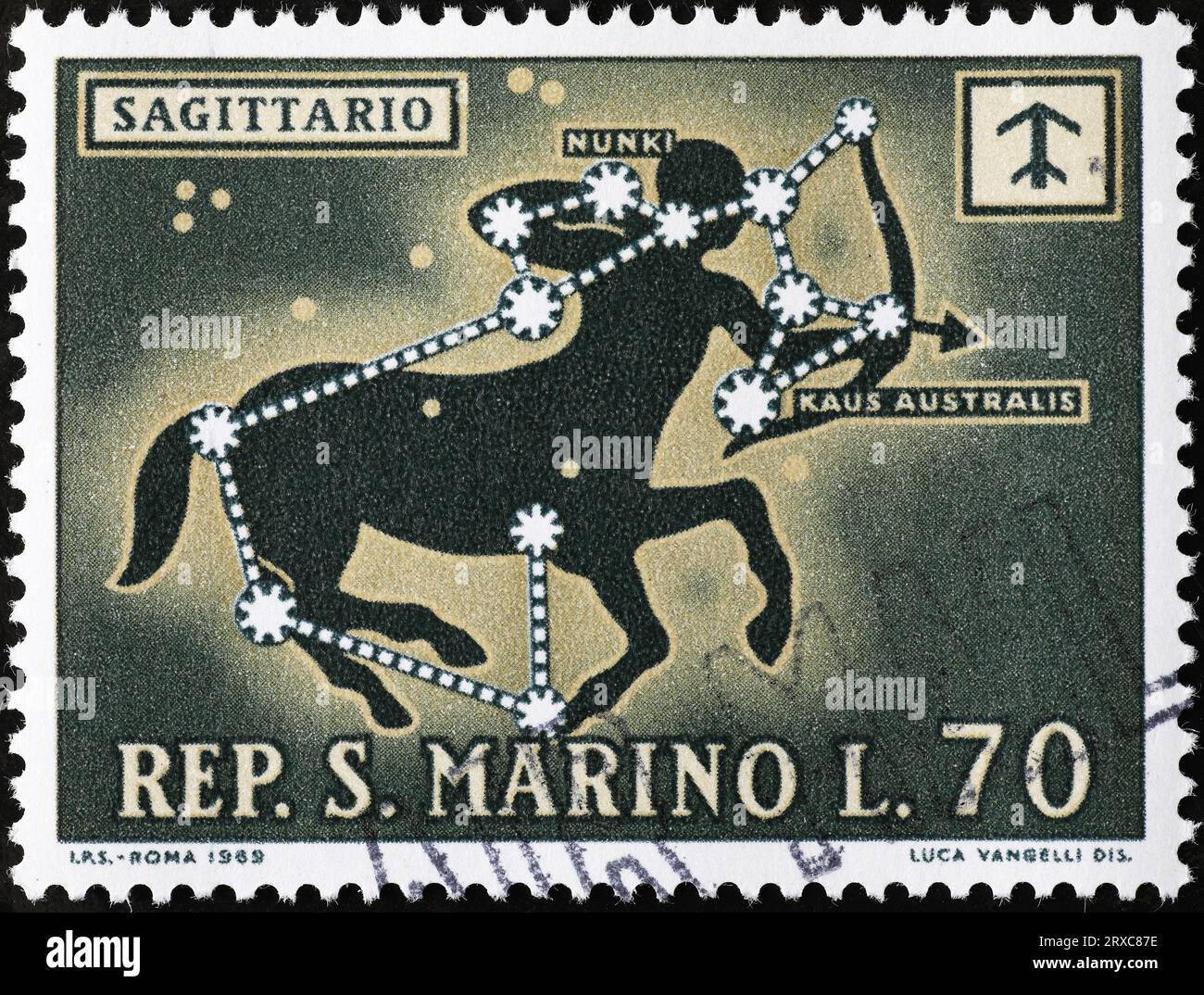 Zodiac sign of archer on postage stamp Stock Photo - Alamy