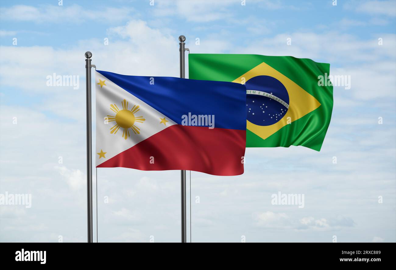 Brazil flag and Philippines flag waving together on blue sky, two ...