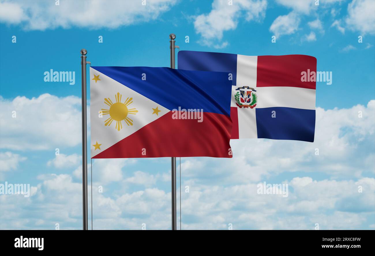 Dominican Republic flag and Philippines flag waving together on blue ...
