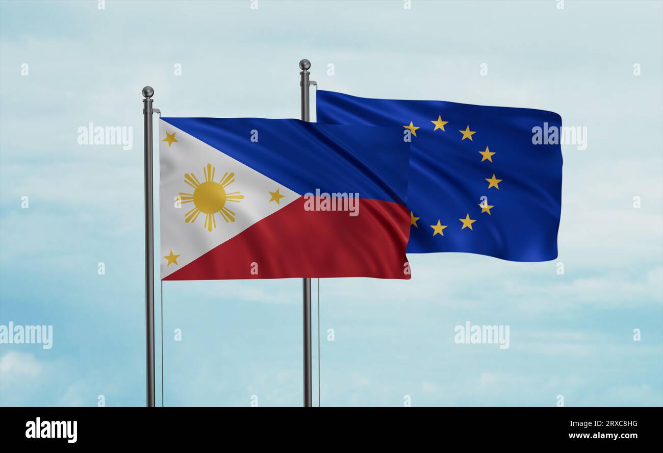European Union and Philippines flag waving together in the wind on blue ...