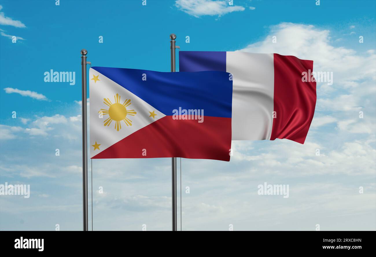 France and Philippines flags waving together on blue sky, two country ...