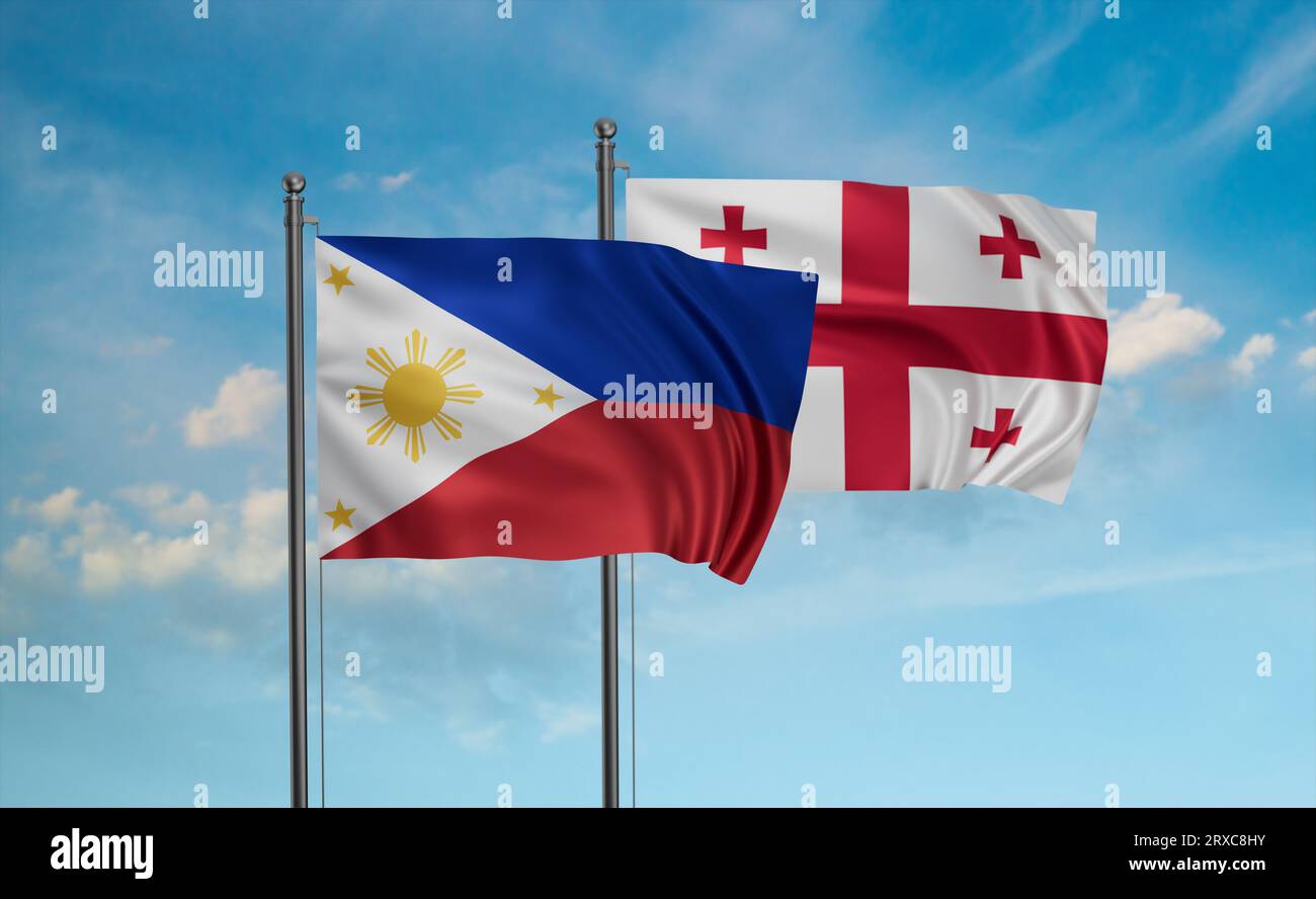Georgia flag and Philippines flag waving together on blue sky, two ...