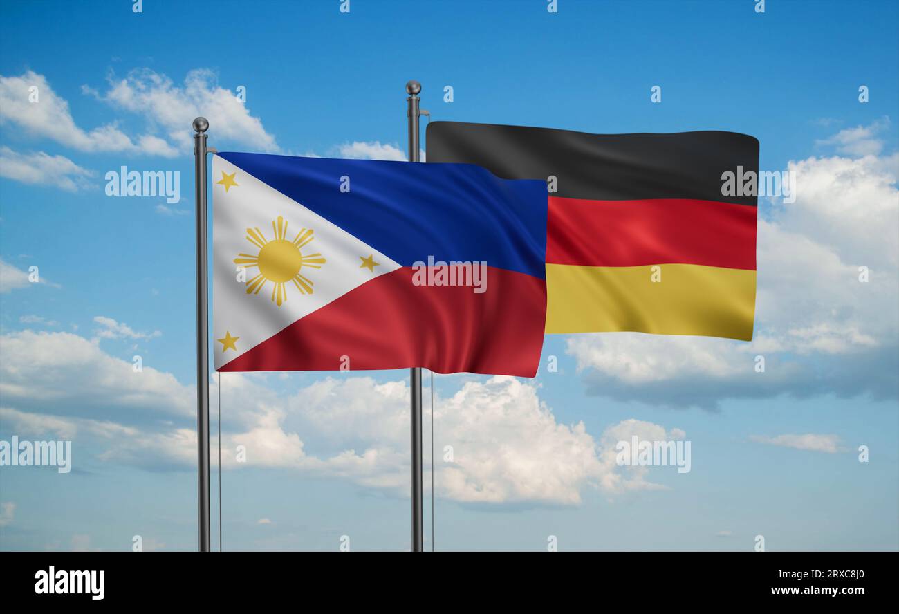 Germany flag and Philippines flag waving together on blue sky, two ...