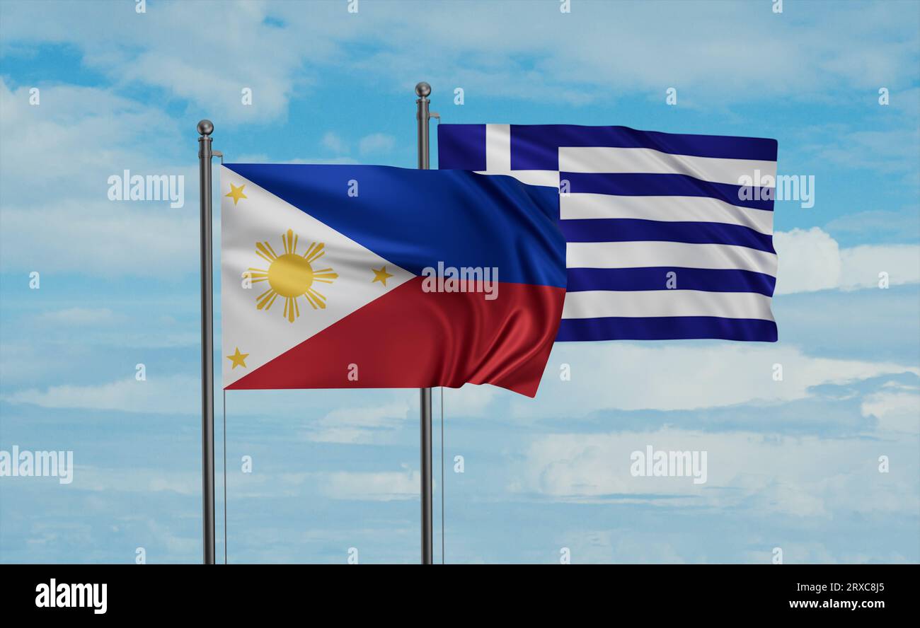Greece flag and Philippines flag waving together on blue sky, two ...